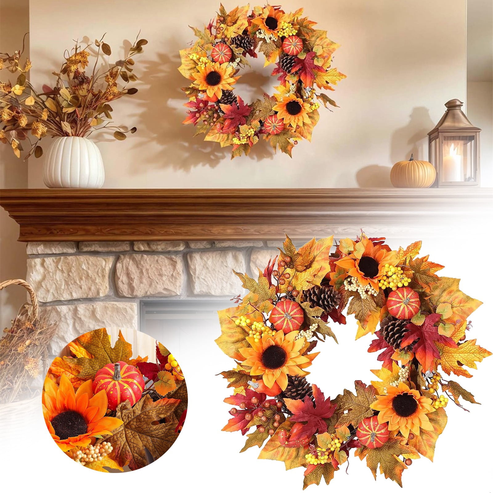 Fall Wreaths for Front Door, Autumn Wreath Pumpkin Maple Autumn Harvest ...