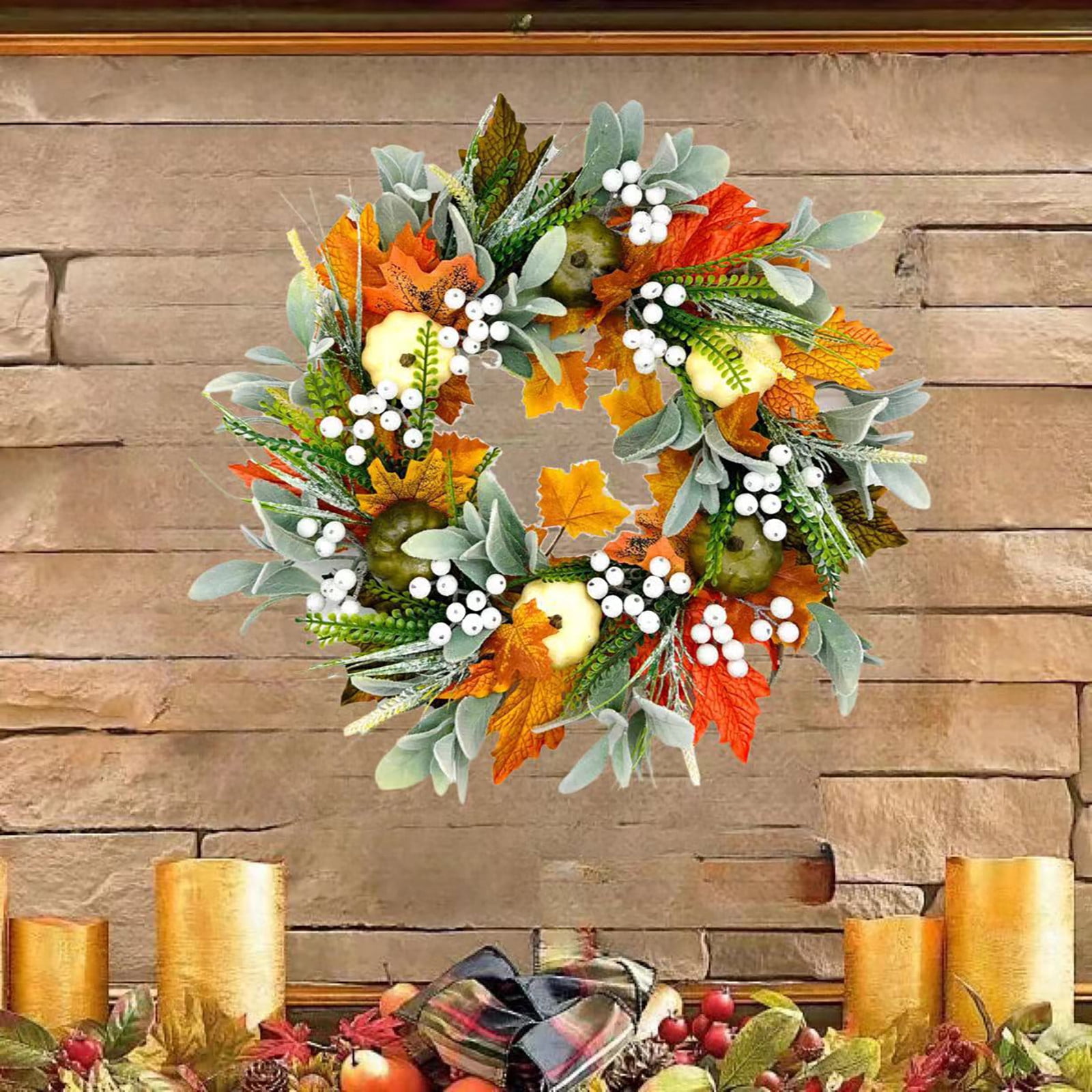 Fall Wreaths for Front Door, White Pumpkins Wreath 17.7Inch with ...