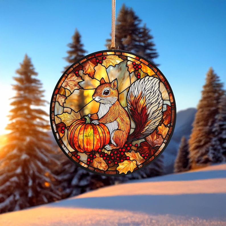 Fall squirrel Round Stained Glass, Squirrel Round, Fall Leaves ...