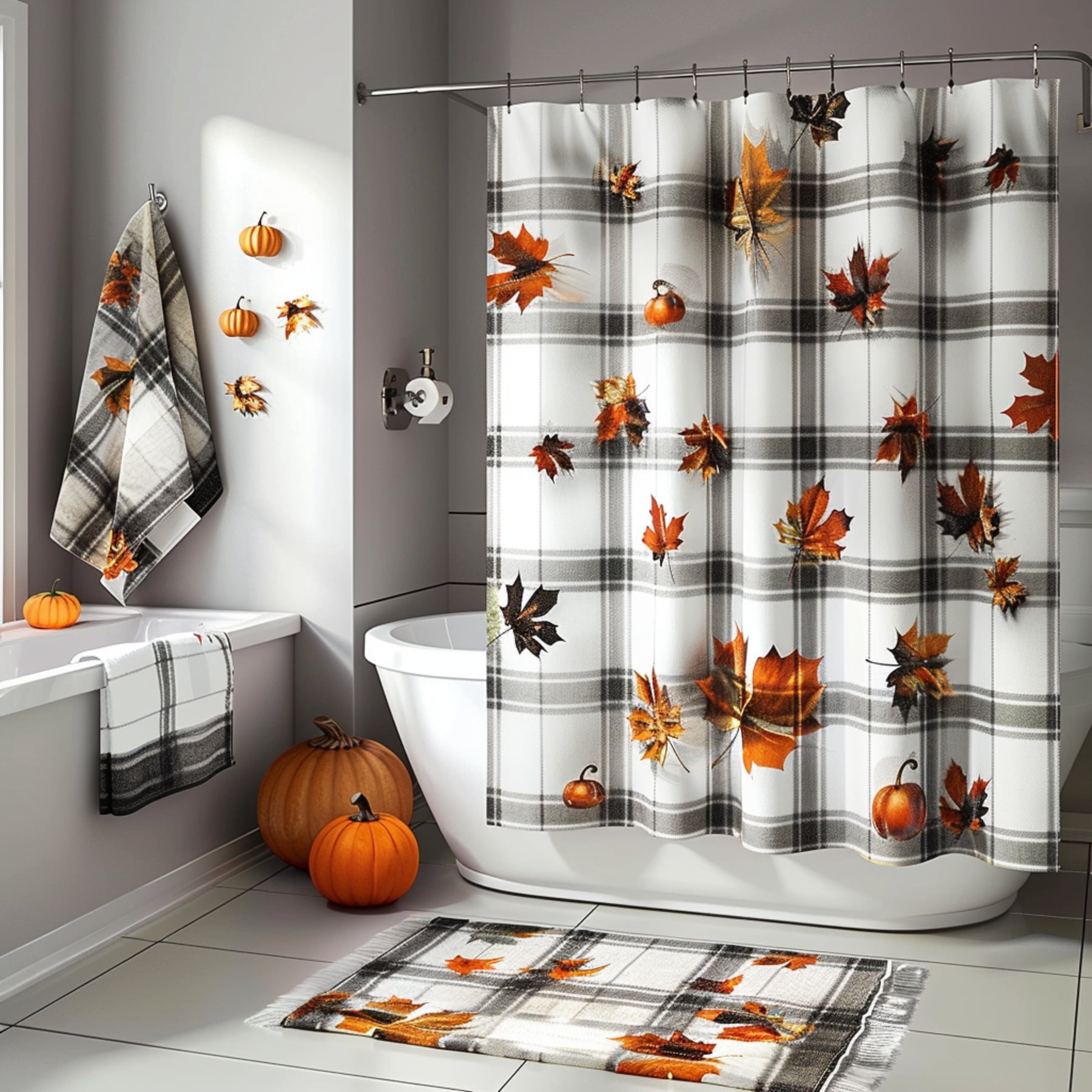 FallThemed Bathroom Set with Plaid Patterned Curtain Cozy Autumn Decor ...