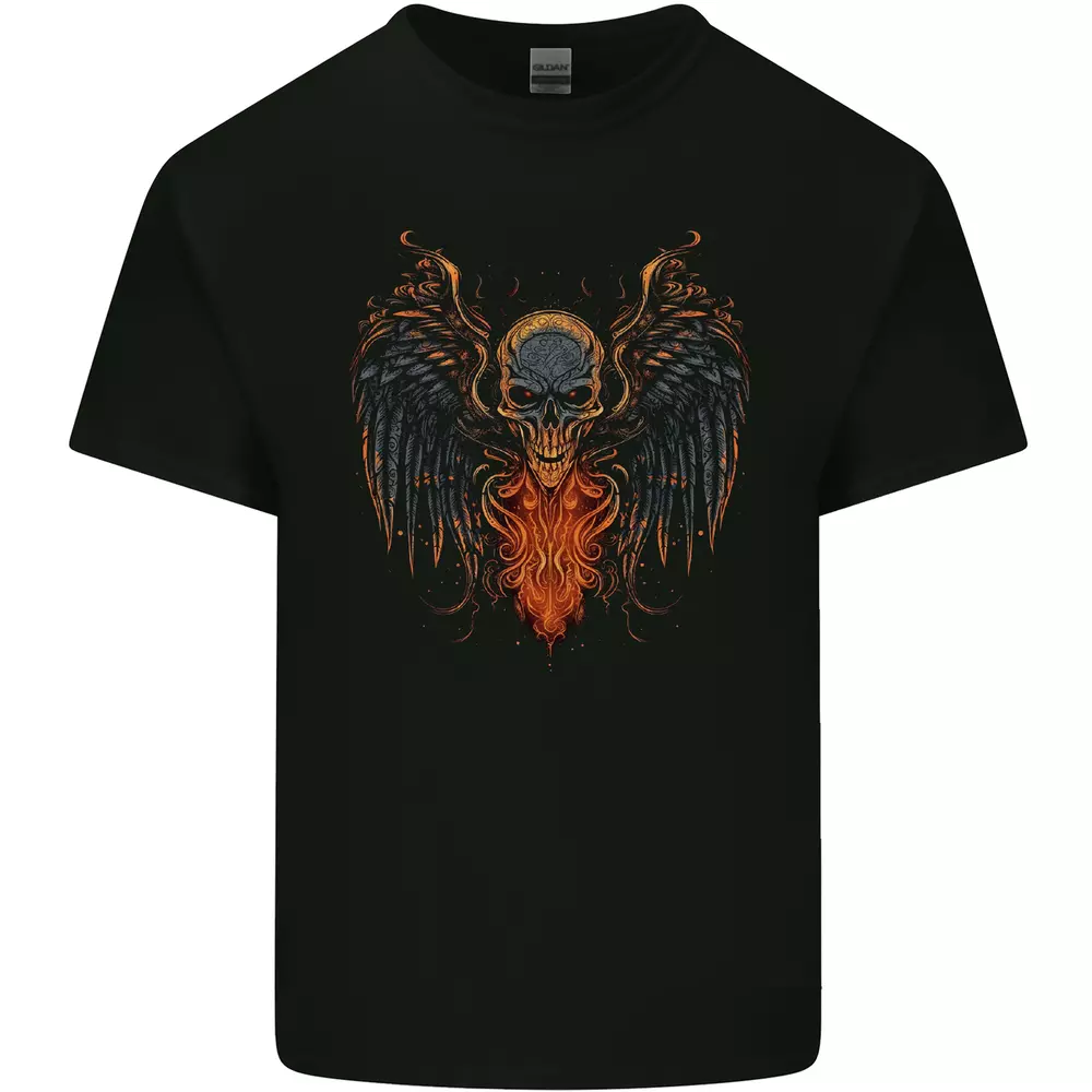 Fallen Angel Skull Demon Wing Flames Mens Cotton T-Shirt Hot Trending ...