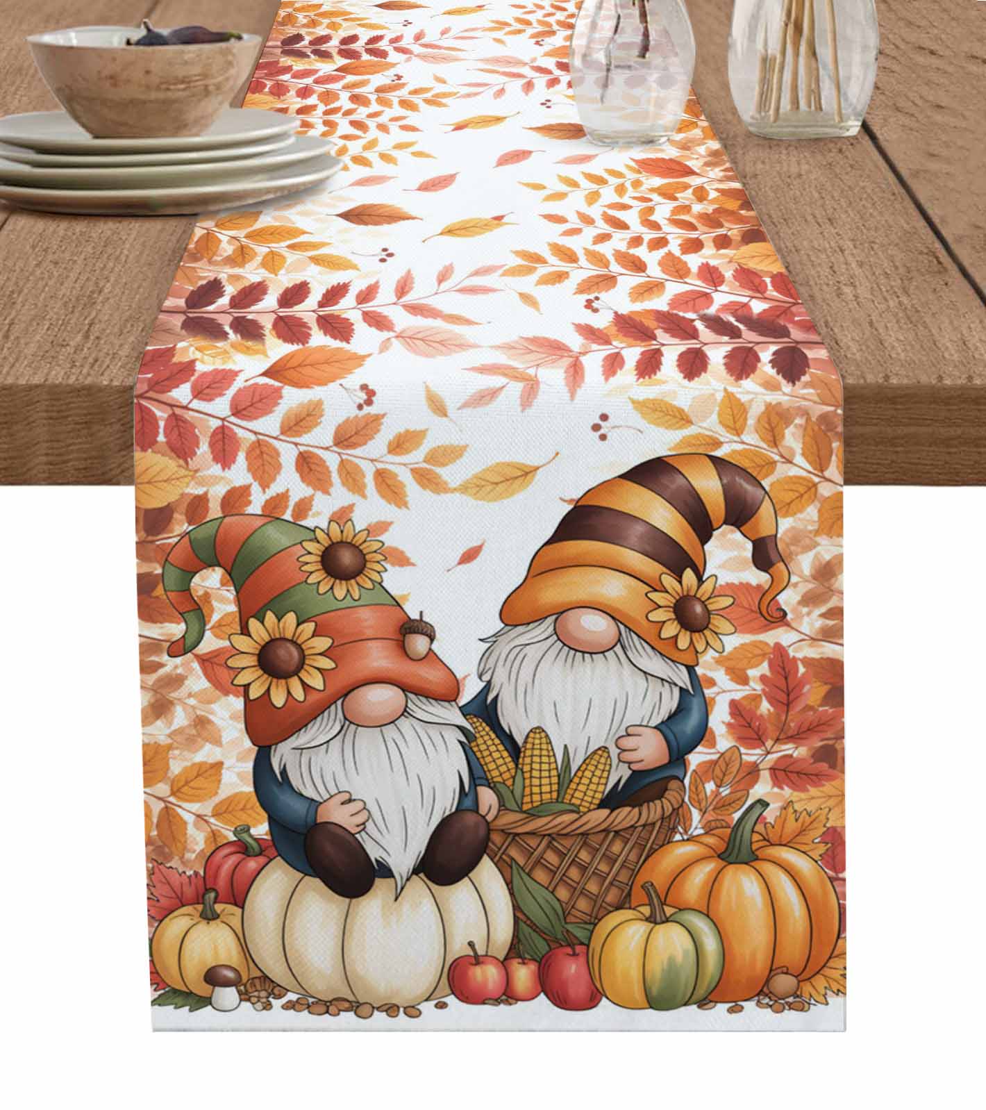 Fallen Leaves Table Runner 36 Inches, Thanksgiving Gnomes Maple Retro ...