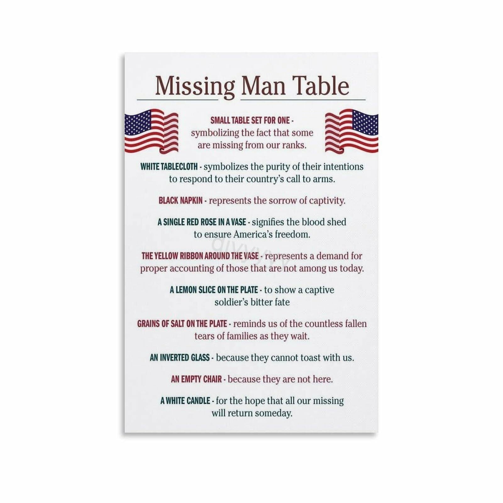 Fallen Soldier Memorial Sign Missing Man Table Memorial Day Veterans ...