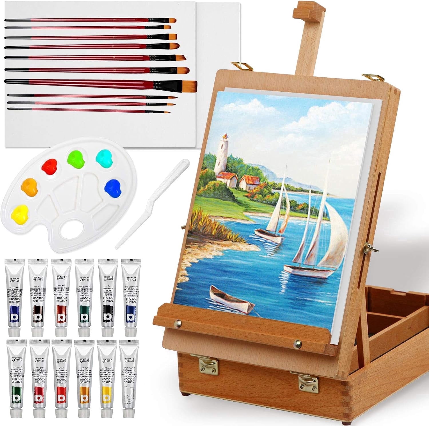 NOBRAND 27 Pcs Beechwood Easel Box Set, Portable Art Kit with 12 ...