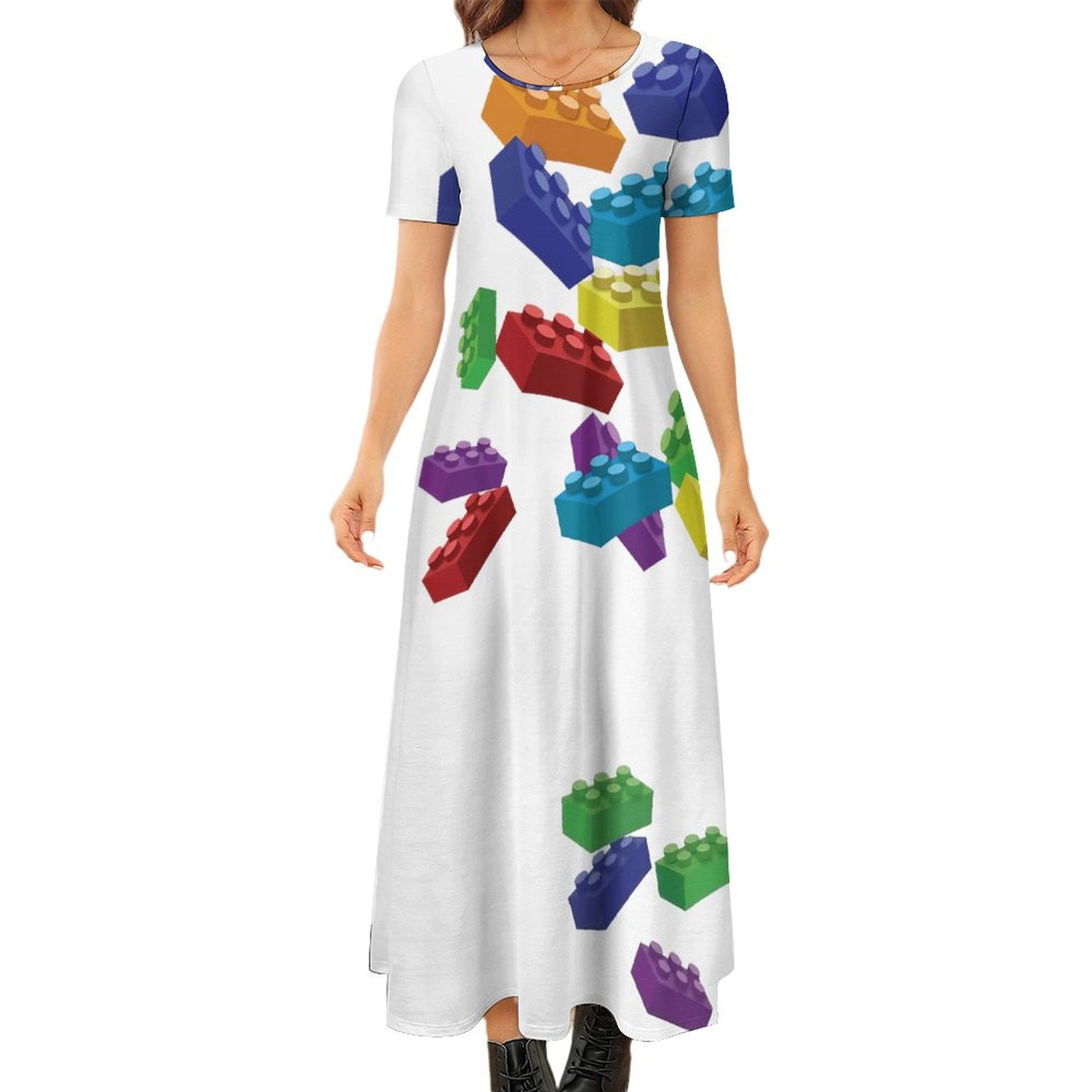 Falling Blocks Maxi Dress for Women Crew Neck Beach Dress Short Sleeve ...