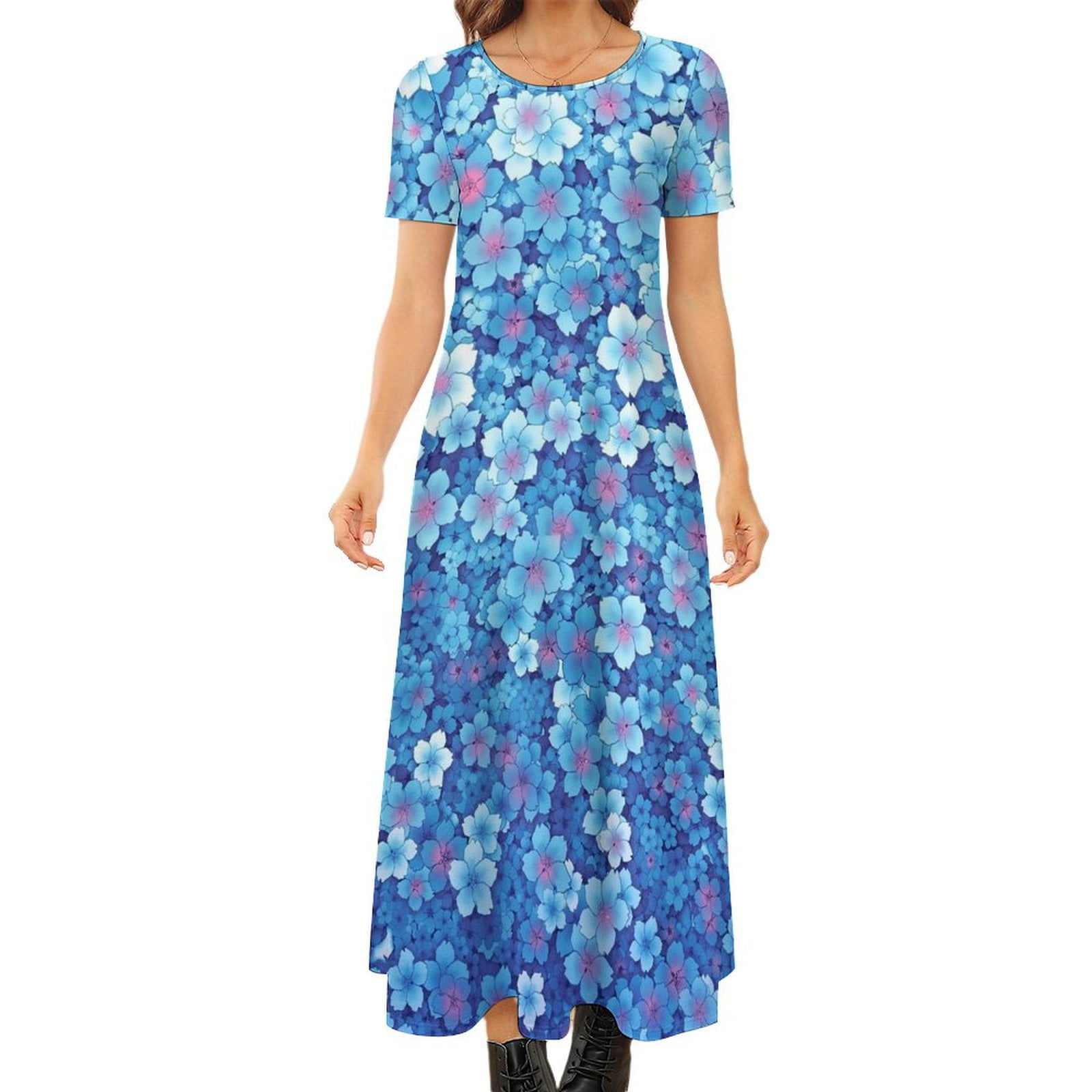 Falling Blue Flower Dress Sakura Cherry Blossom Maxi Dress Streetwear ...