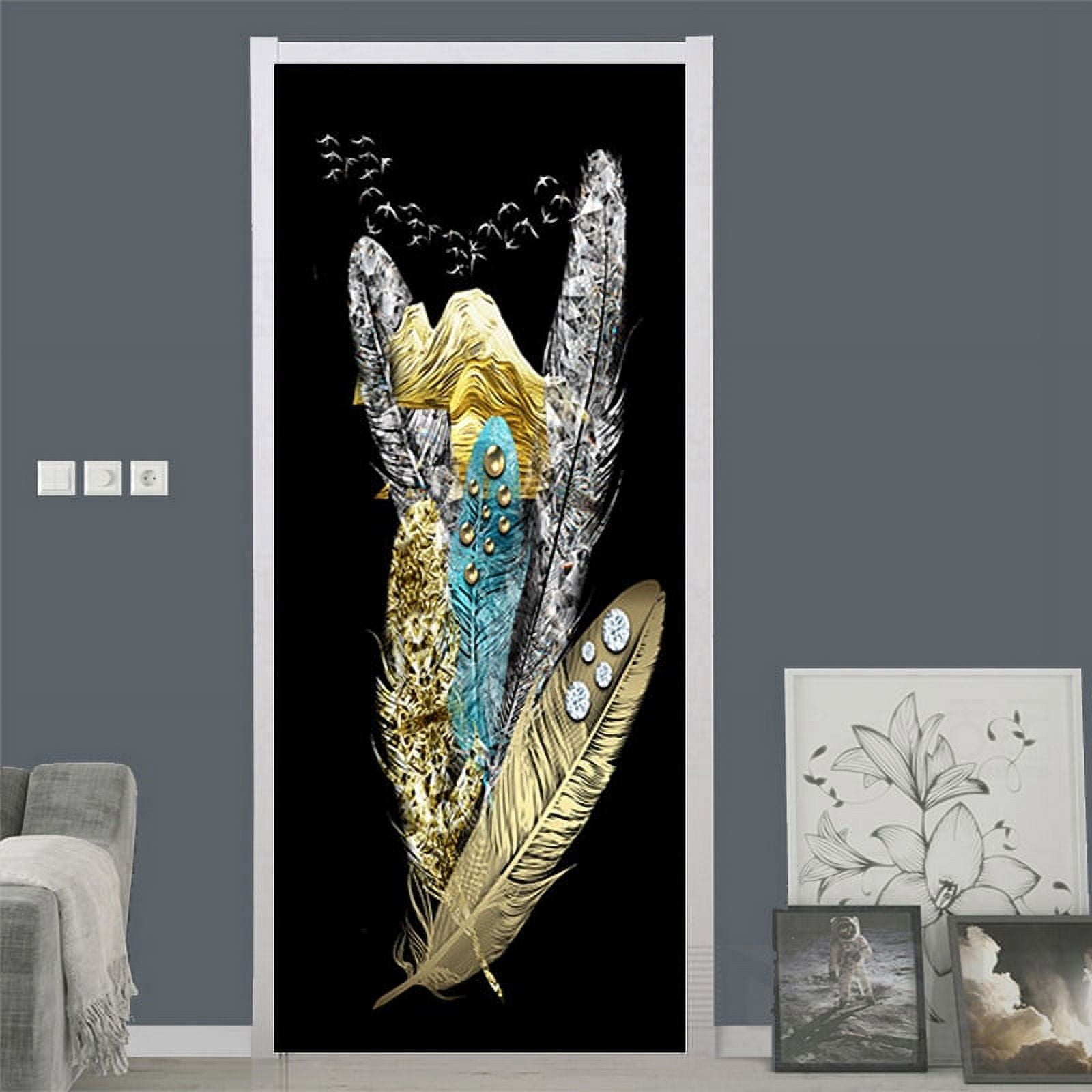 Falling Feather Door Mural Sticker Self Adhesive Home Door Design Colorful Wing Abstract Line ...