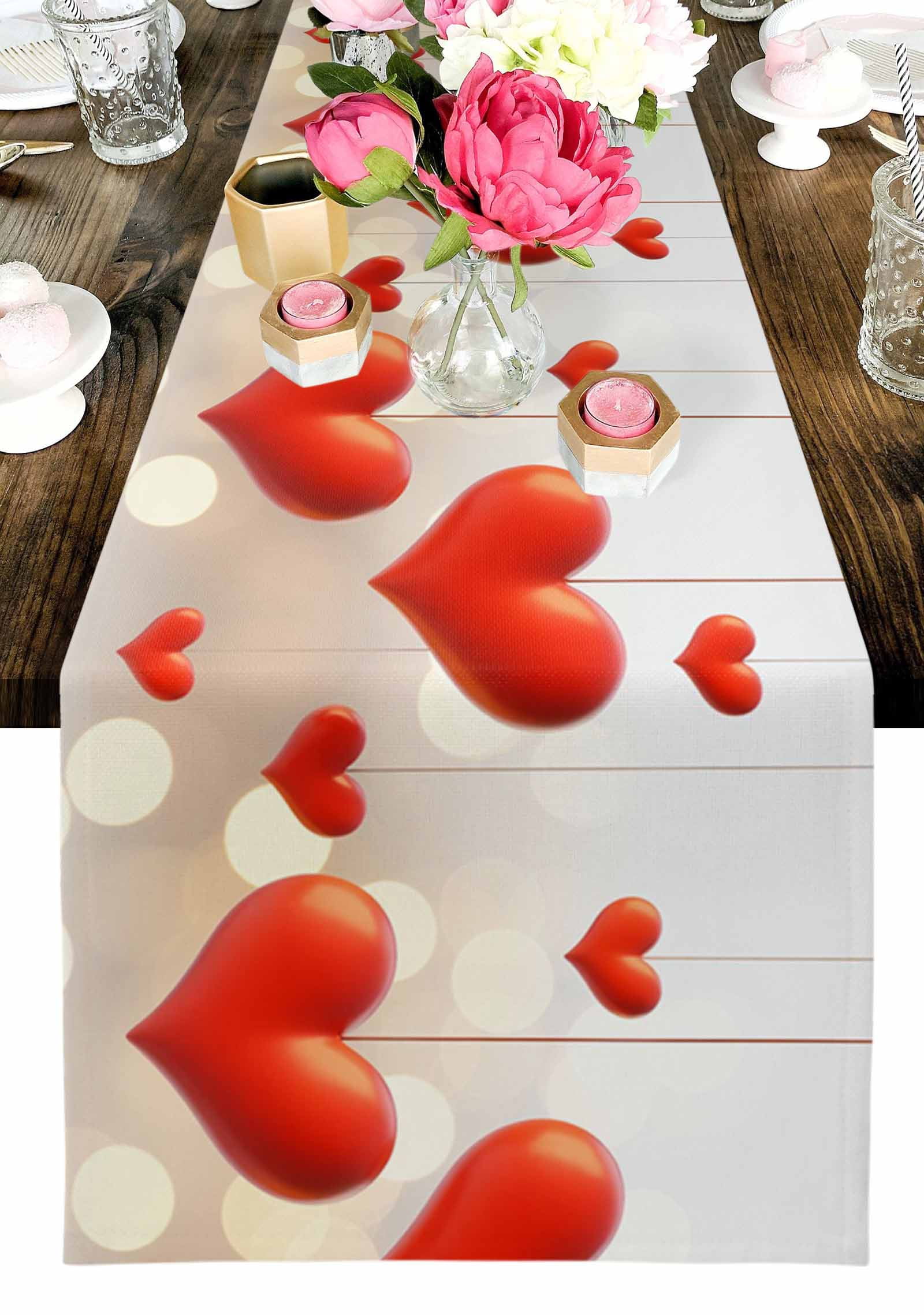Falling Heart Table Runner, Romantic Yellow Shiny Light with Red Loves ...