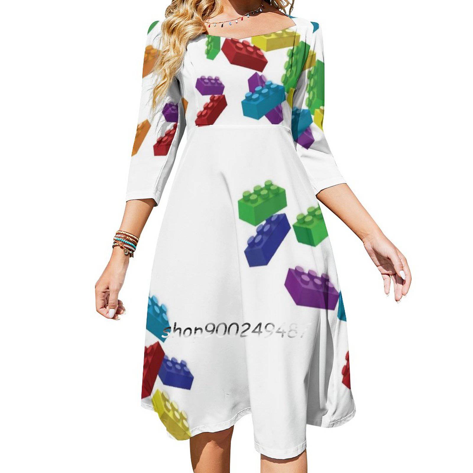 Falling Legos 2 Flare Dress Square Neck Dress Elegant Female Fashion ...