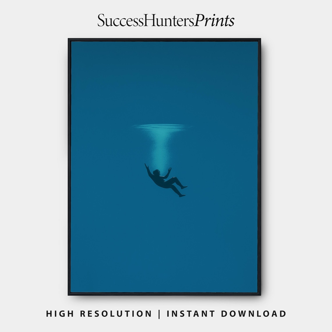 Falling Man Ocean Wall Art, Surreal Underwater, Minimalist Deep Blue ...