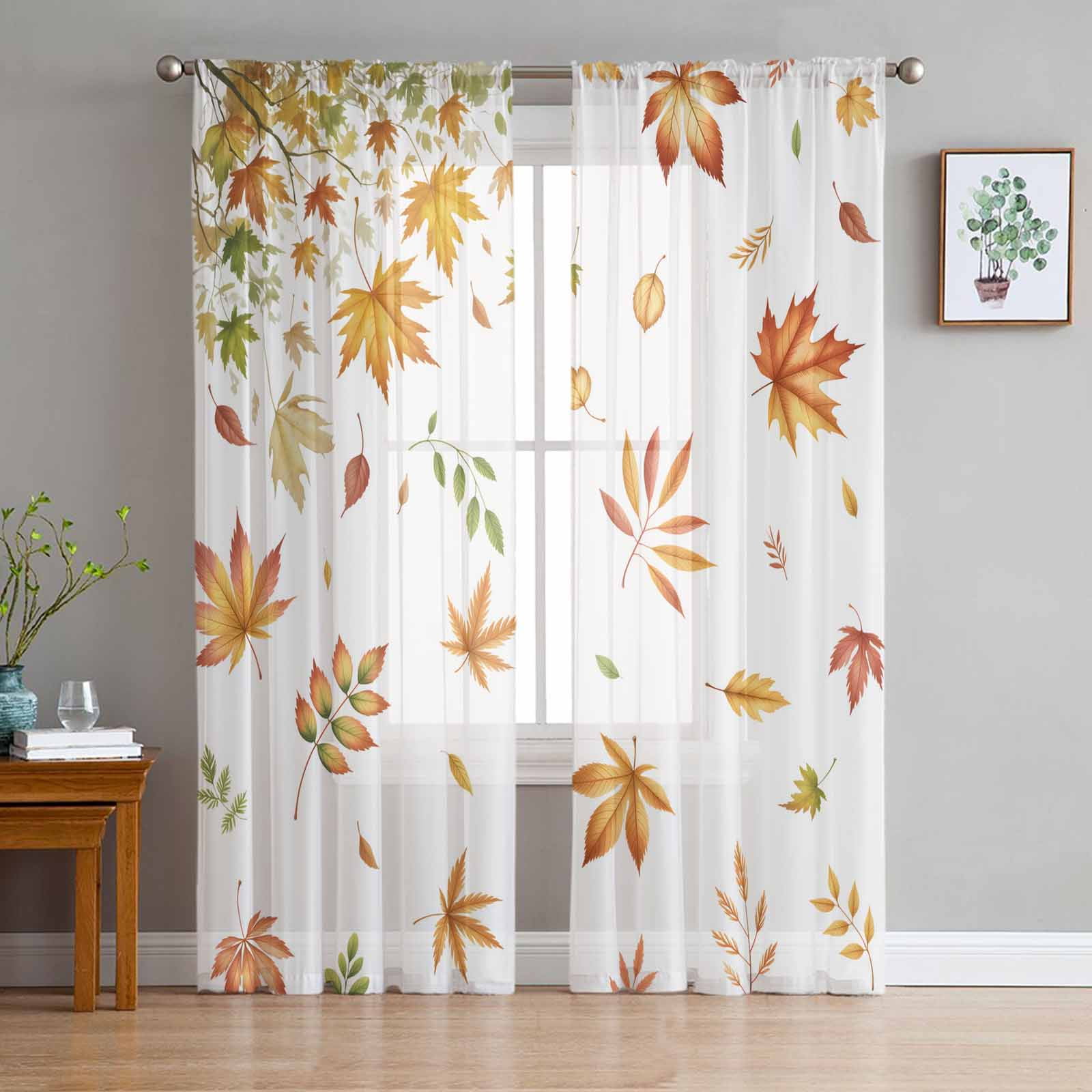 Falling Maple Leaves Sheer Curtains 84 Inches Long 2 Panels Set, Window ...