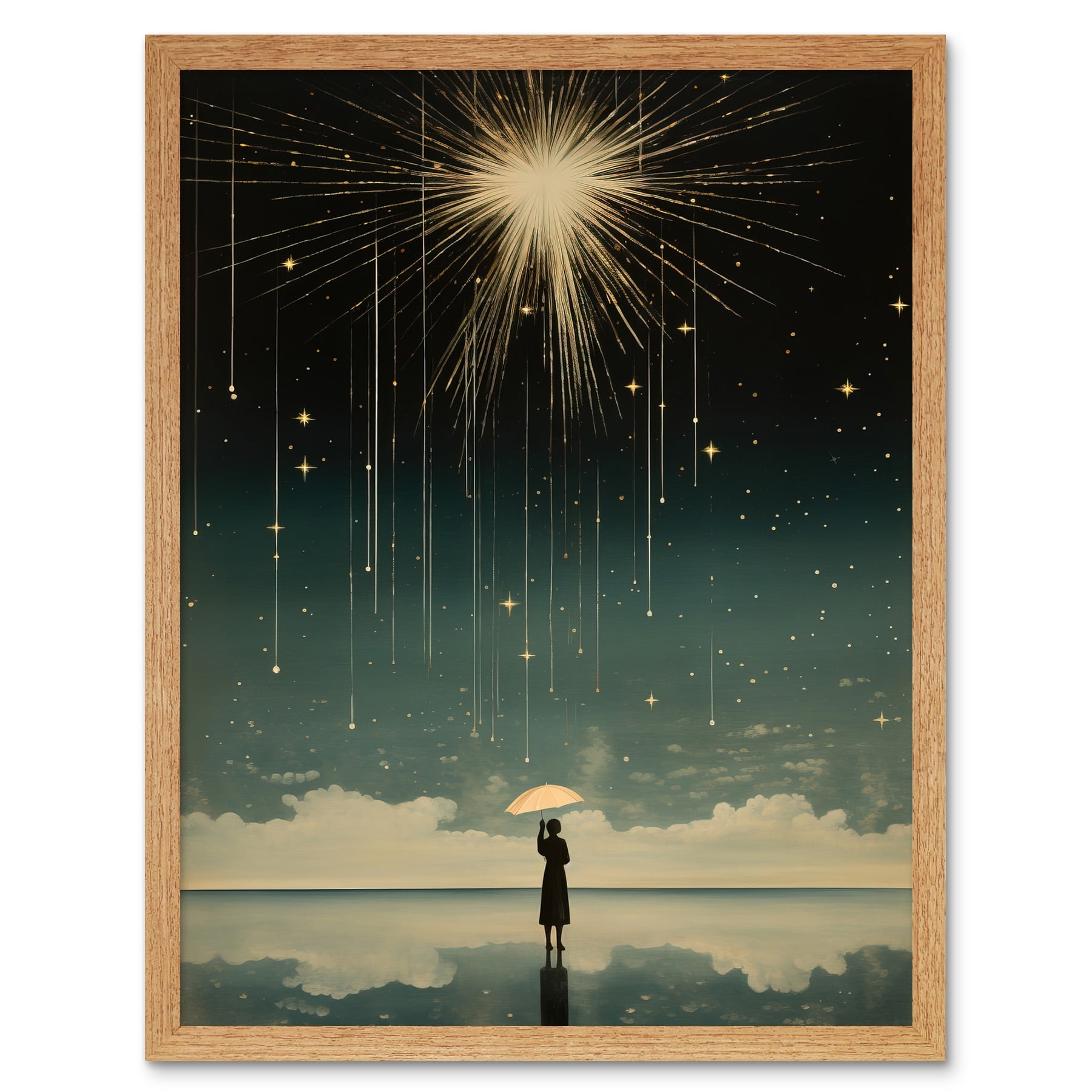 Falling Star Rain Dreamy Artwork Bright Star Wish Woman with Umbrella ...
