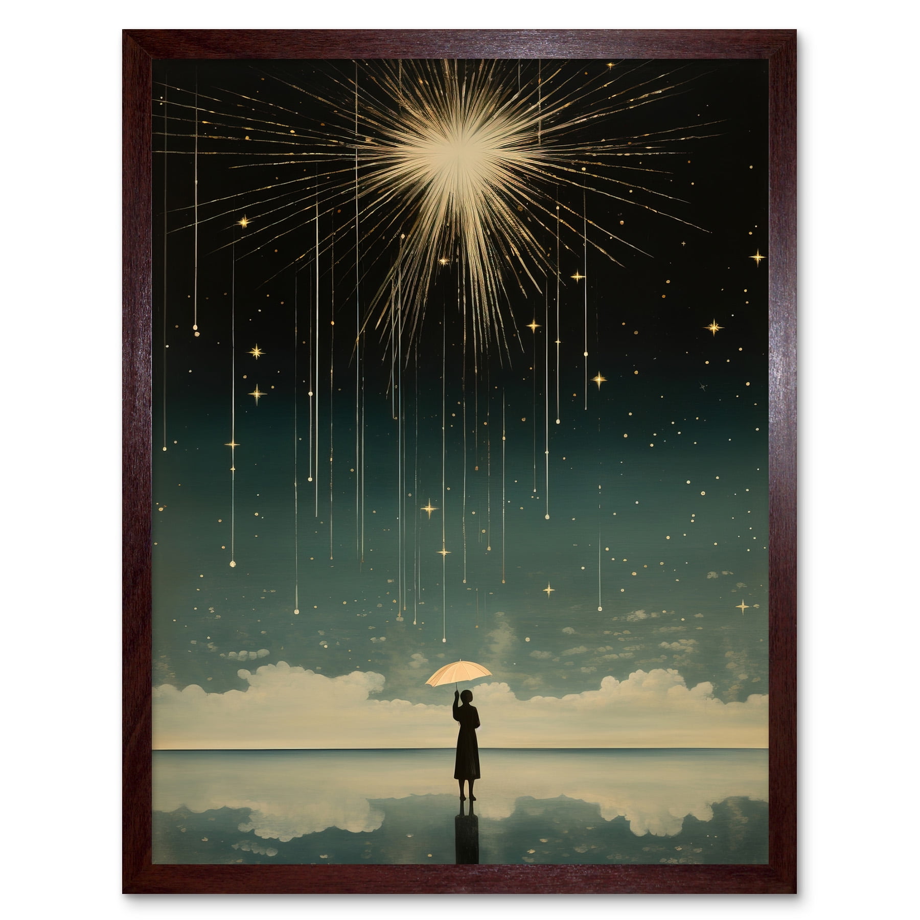 Falling Star Rain Dreamy Artwork Bright Star Wish Woman with Umbrella ...