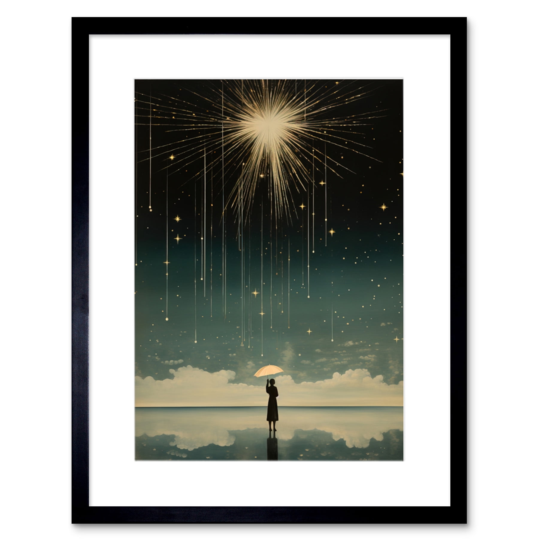 Falling Star Rain Dreamy Artwork Bright Star Wish Woman with Umbrella ...