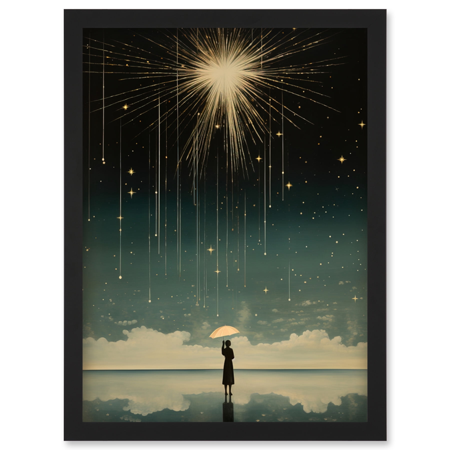 Falling Star Rain Dreamy Artwork Bright Star Wish Woman with Umbrella ...