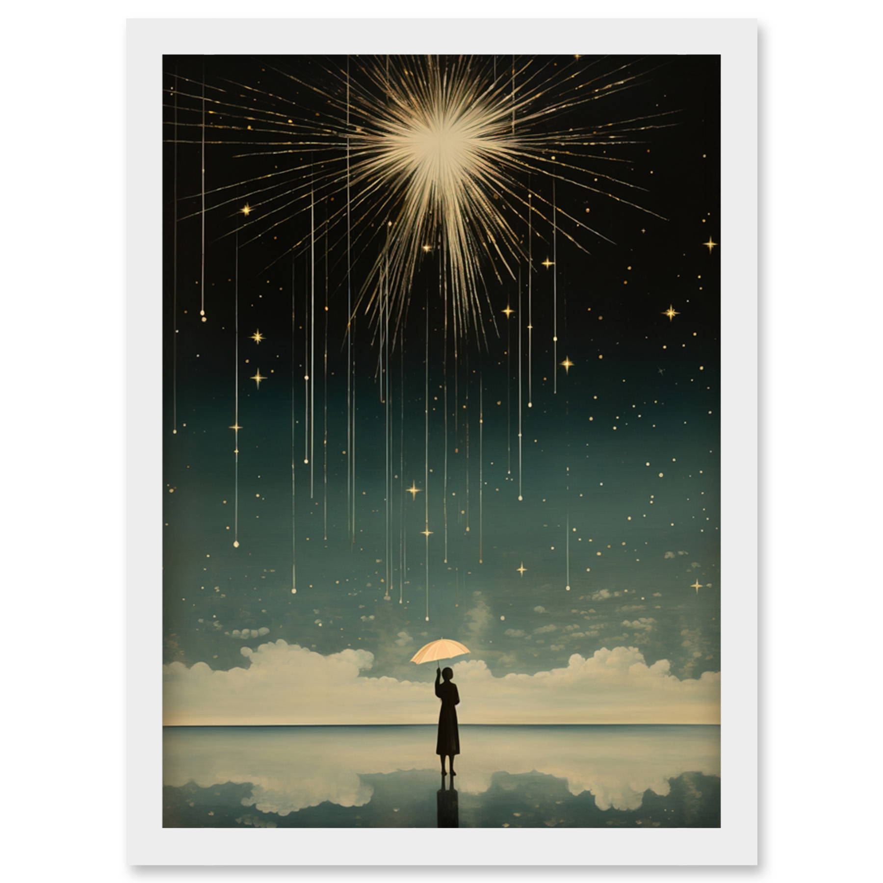 Falling Star Rain Dreamy Artwork Bright Star Wish Woman with Umbrella ...