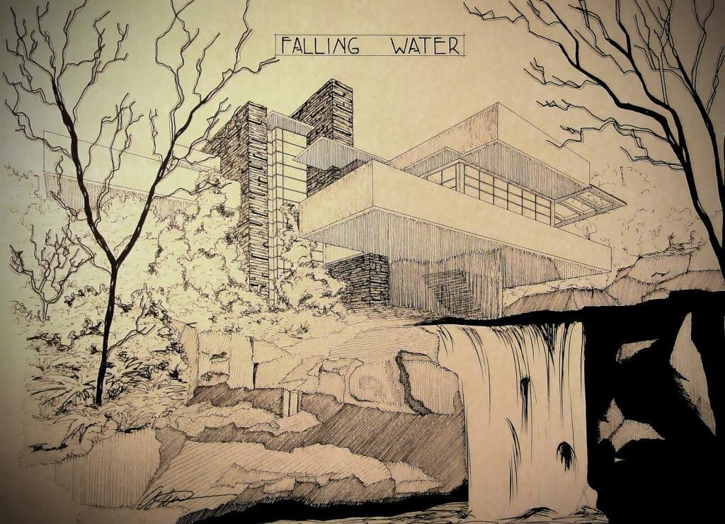 Fallingwater by Frank Lloyd Wright – Conceptual Architecture Drawing ...