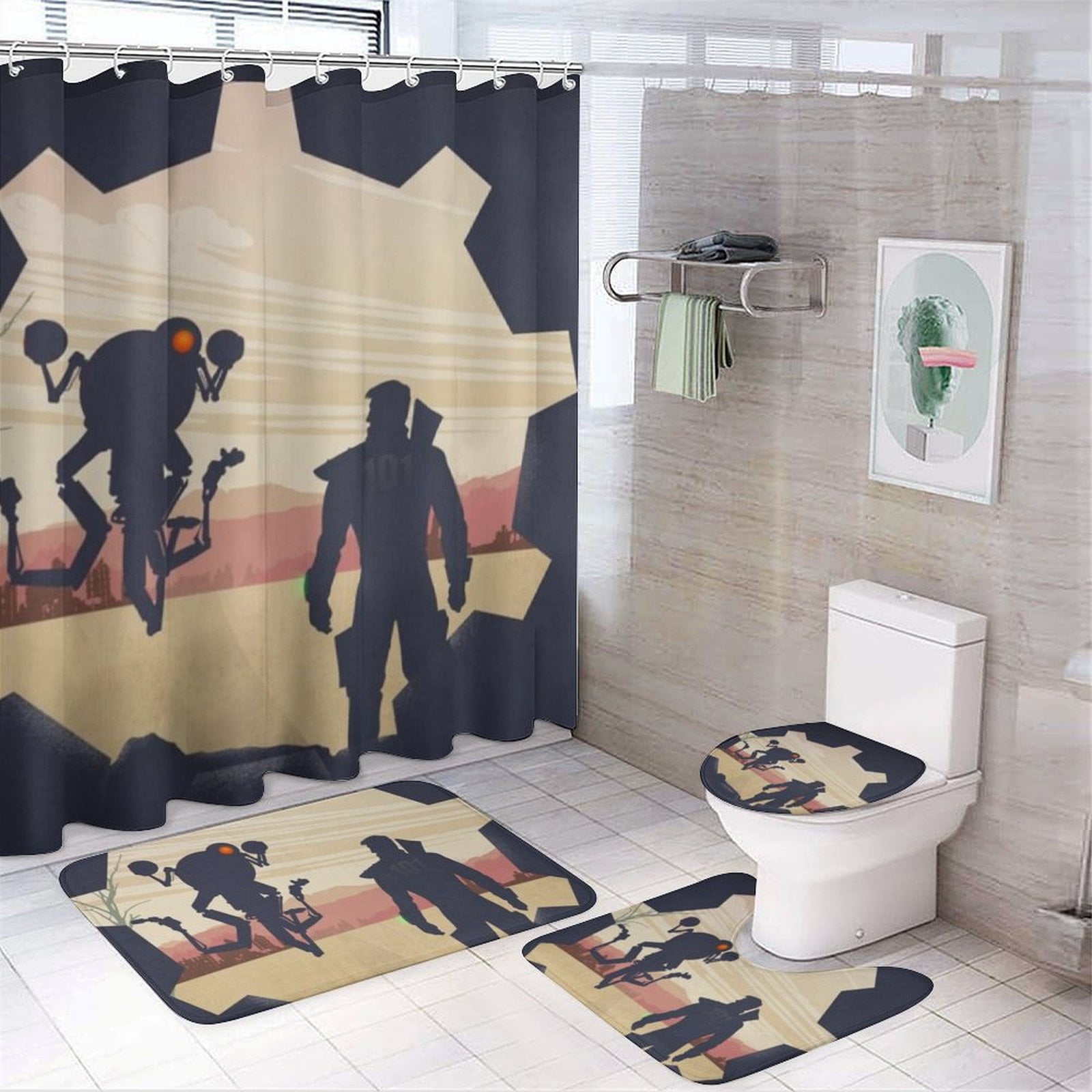 Fallout 4PCS Bathroom Sets Shower Curtain Sets with Toilet Lid Cover, U ...