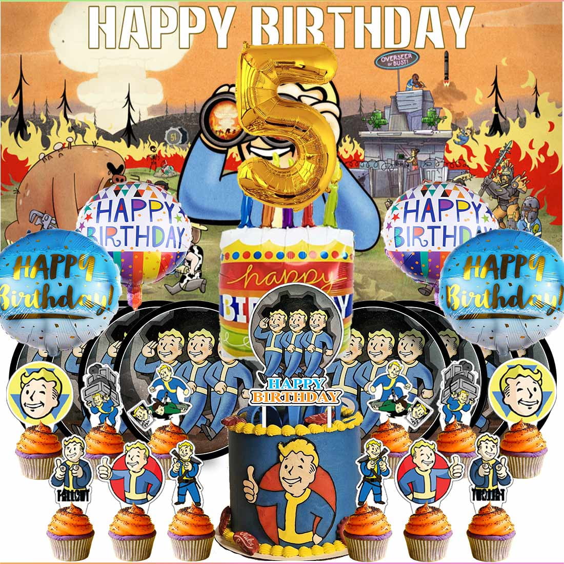 Fallout 5th Tableware Balloons Cake Toppers Backdrop Banner Supplies ...