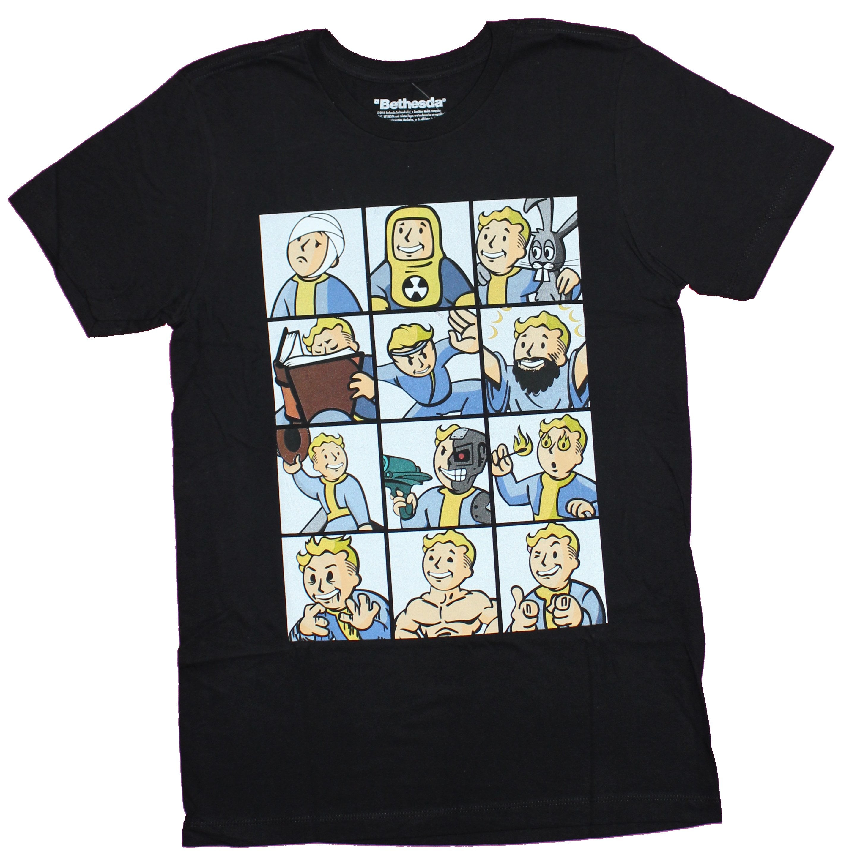 Fallout Mens T-Shirt - Pip Vault Boy Nine Box Actvities Images (Large ...