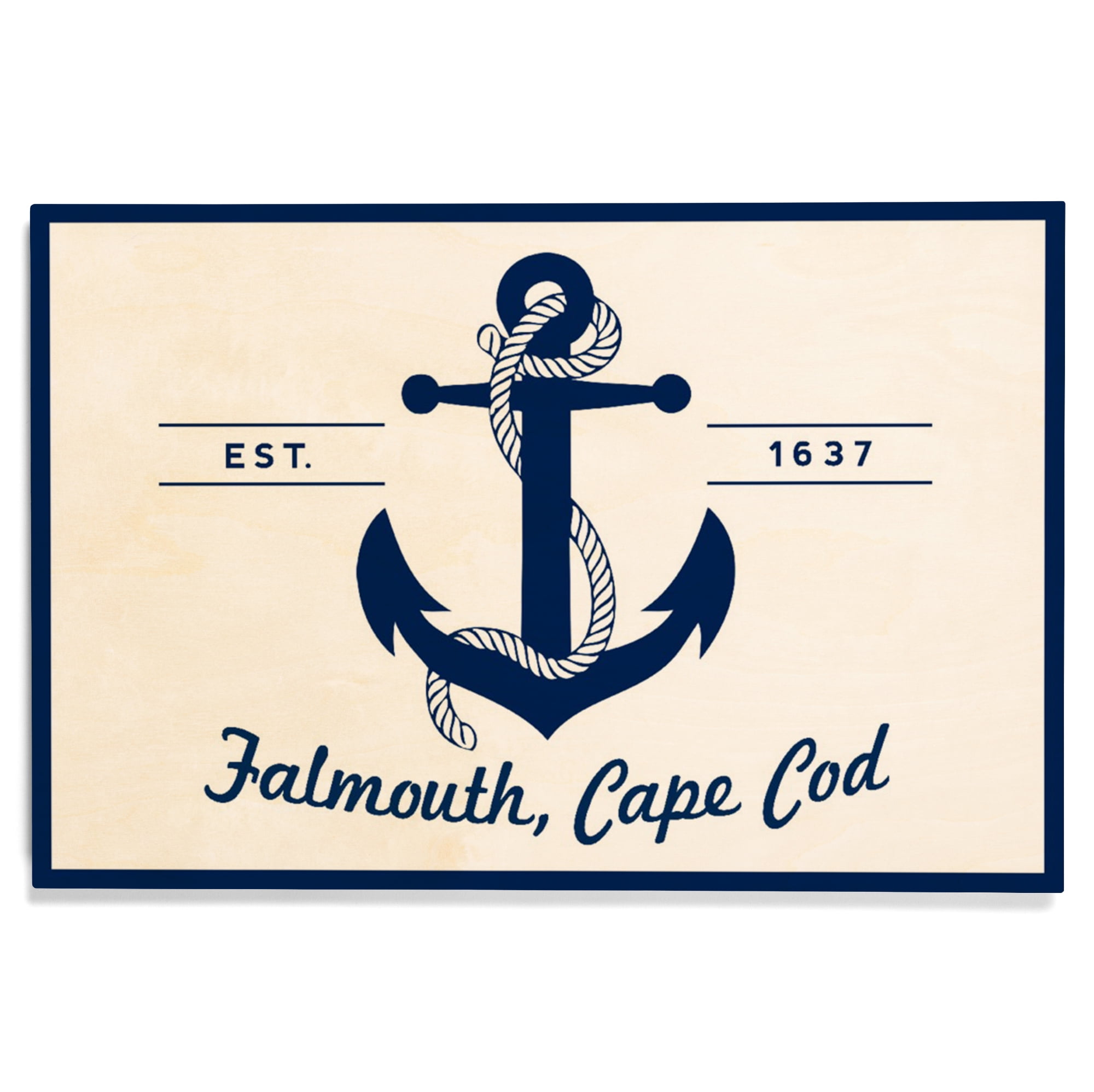 Falmouth, Cape Cod, Blue and White Anchor Birch Wood Wall Sign (12x18 ...