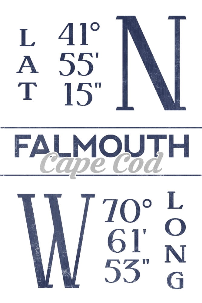 Falmouth, Cape Cod, Massachusetts, Latitude and Longitude (Blue) (12x18 ...