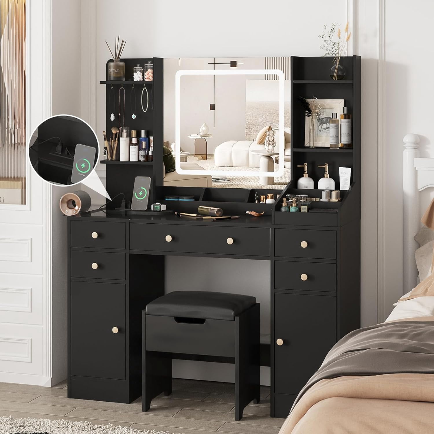 Fameill Black Makeup Vanity with 10 Lights & Power Outlets, Big Vanity ...