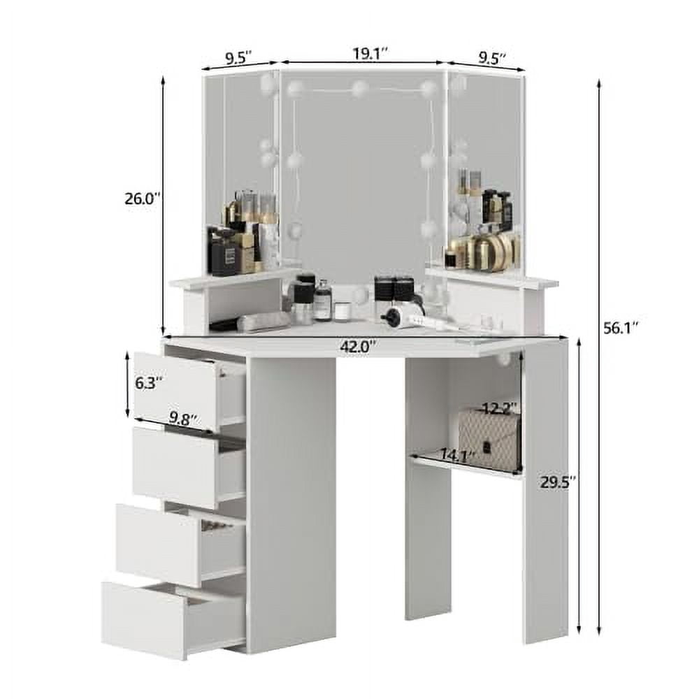 Fameill Corner Vanity Table with Lighted Mirror, Makeup Vanity Desk ...
