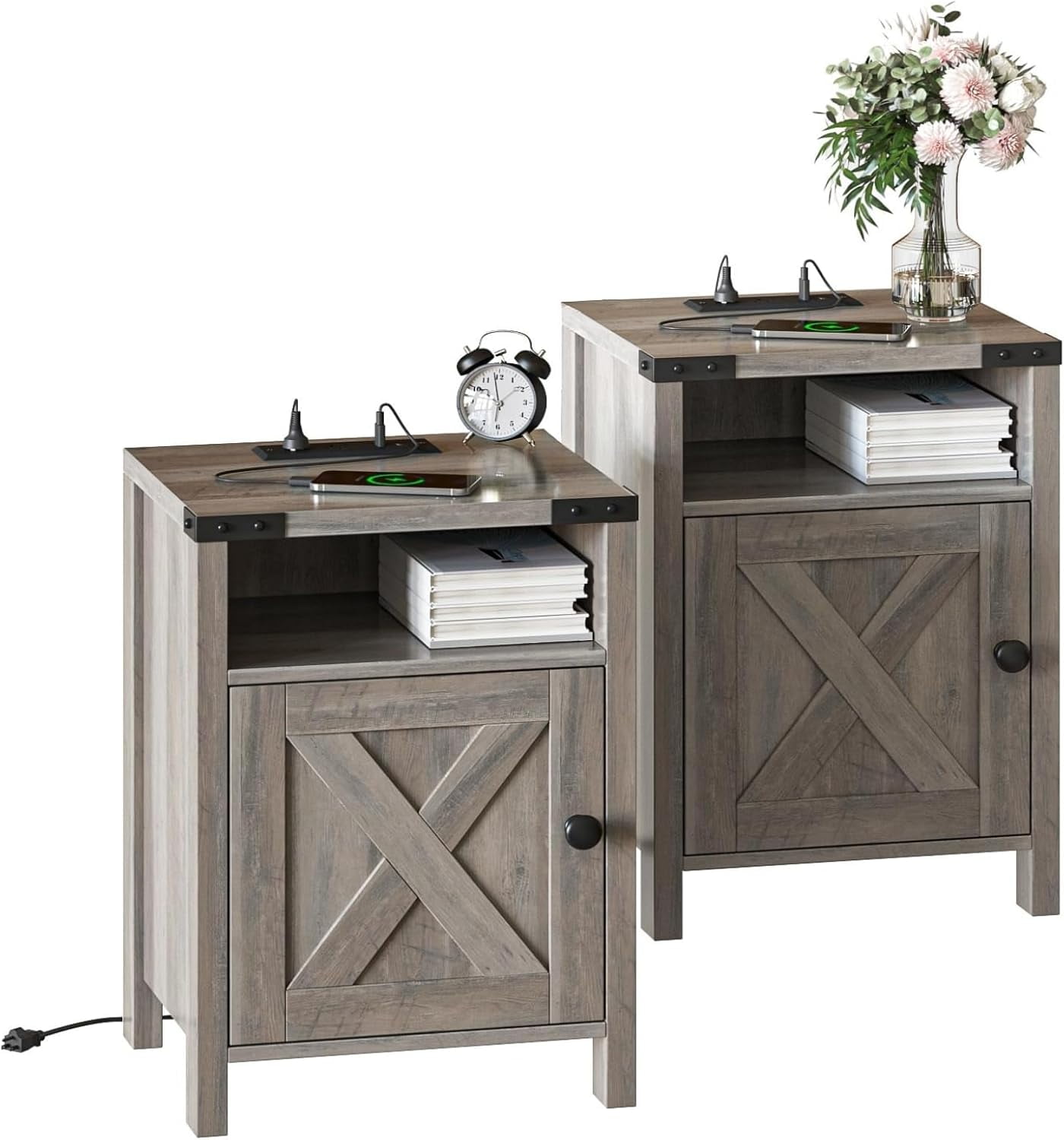 Fameill Farmhouse End Tables Set of 2, Nightstands with Charging ...