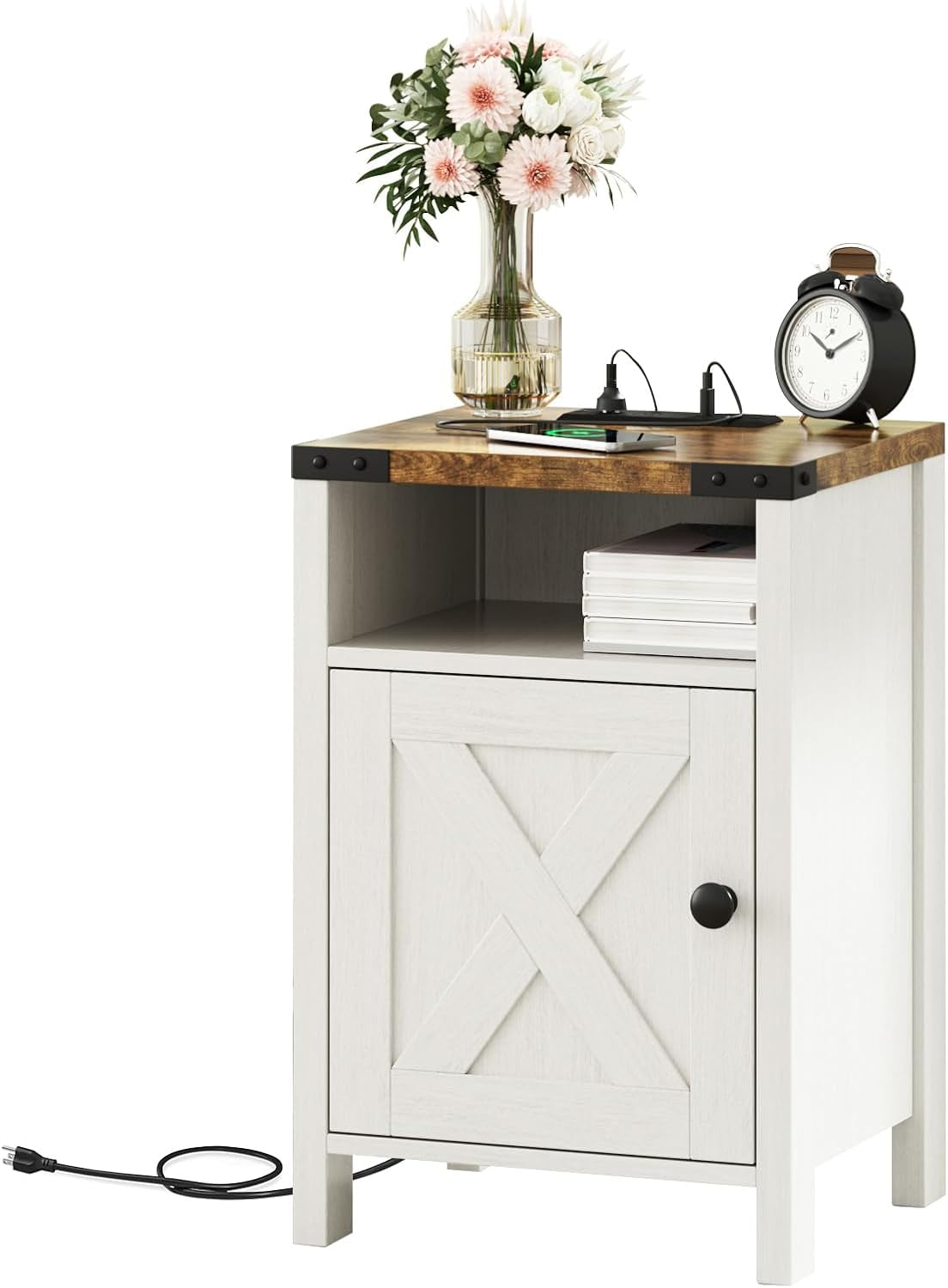 Fameill Farmhouse End Tables with Charging Station, Nightstand with ...