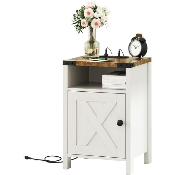 Fameill Farmhouse End Tables with Charging Station, Nightstand with ...