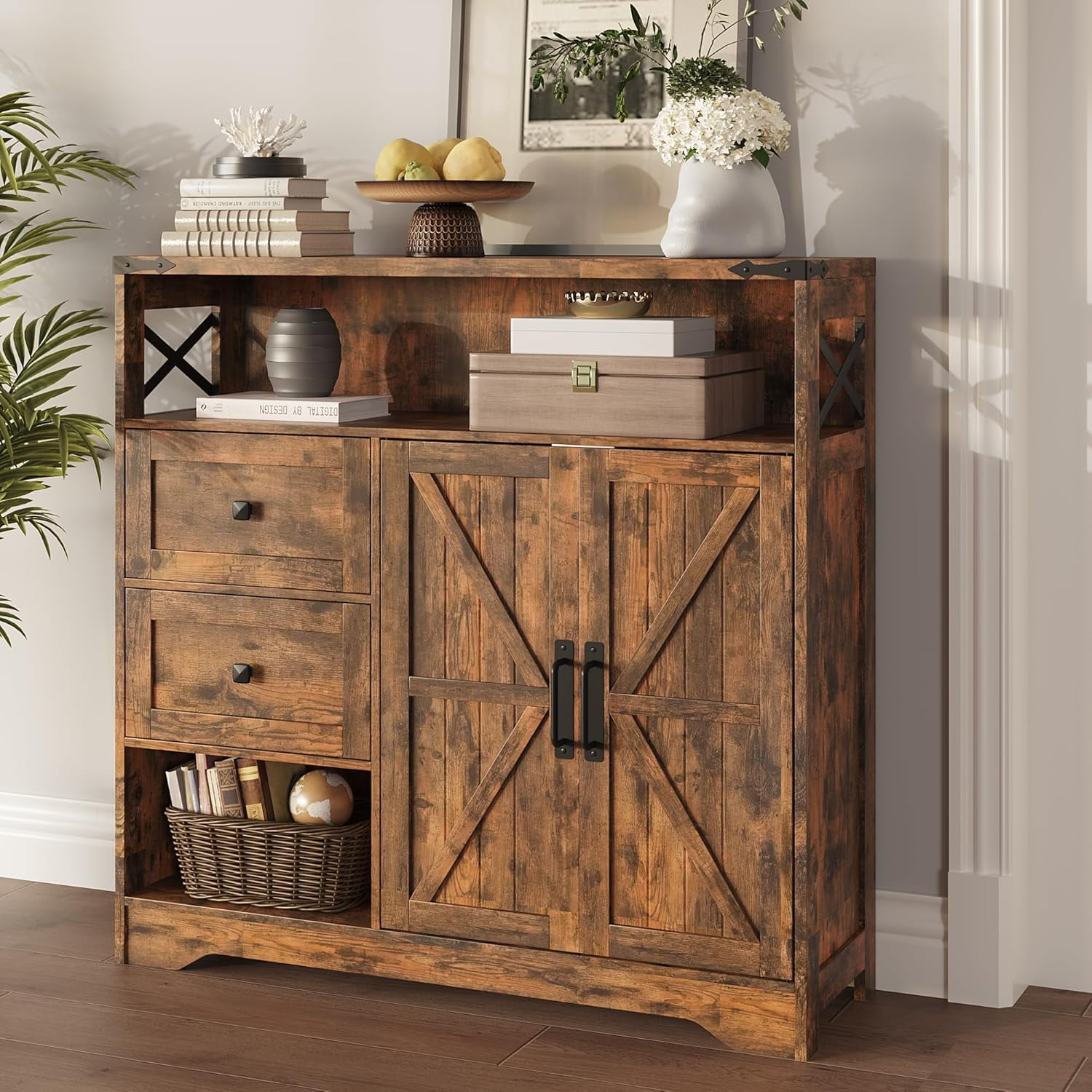 Fameill Farmhouse Storage Cabinet with Drawers and Open Storage ...