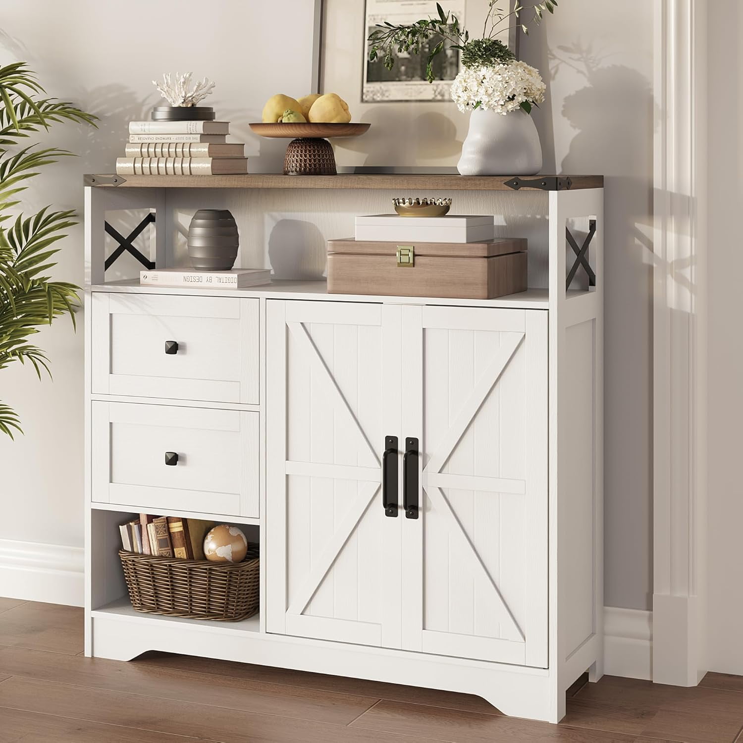 Fameill Farmhouse Storage Cabinet with Drawers and Open Storage ...