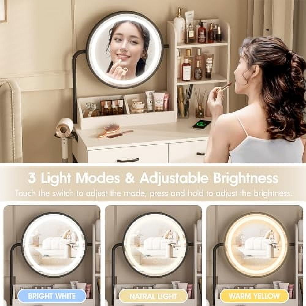 Fameill Makeup Vanity Desk with Lights and Round Mirror, White and Gold ...