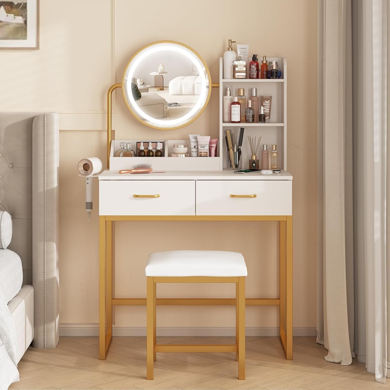 Fameill Makeup Vanity Desk with Lights and Round Mirror, White and Gold ...