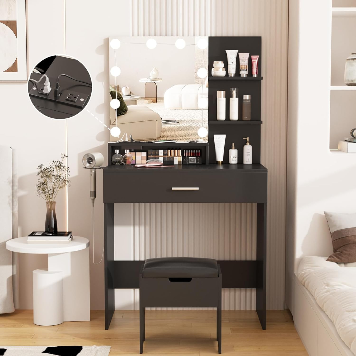 Fameill Makeup Vanity Table with Lighted Mirror & Charging Station ...