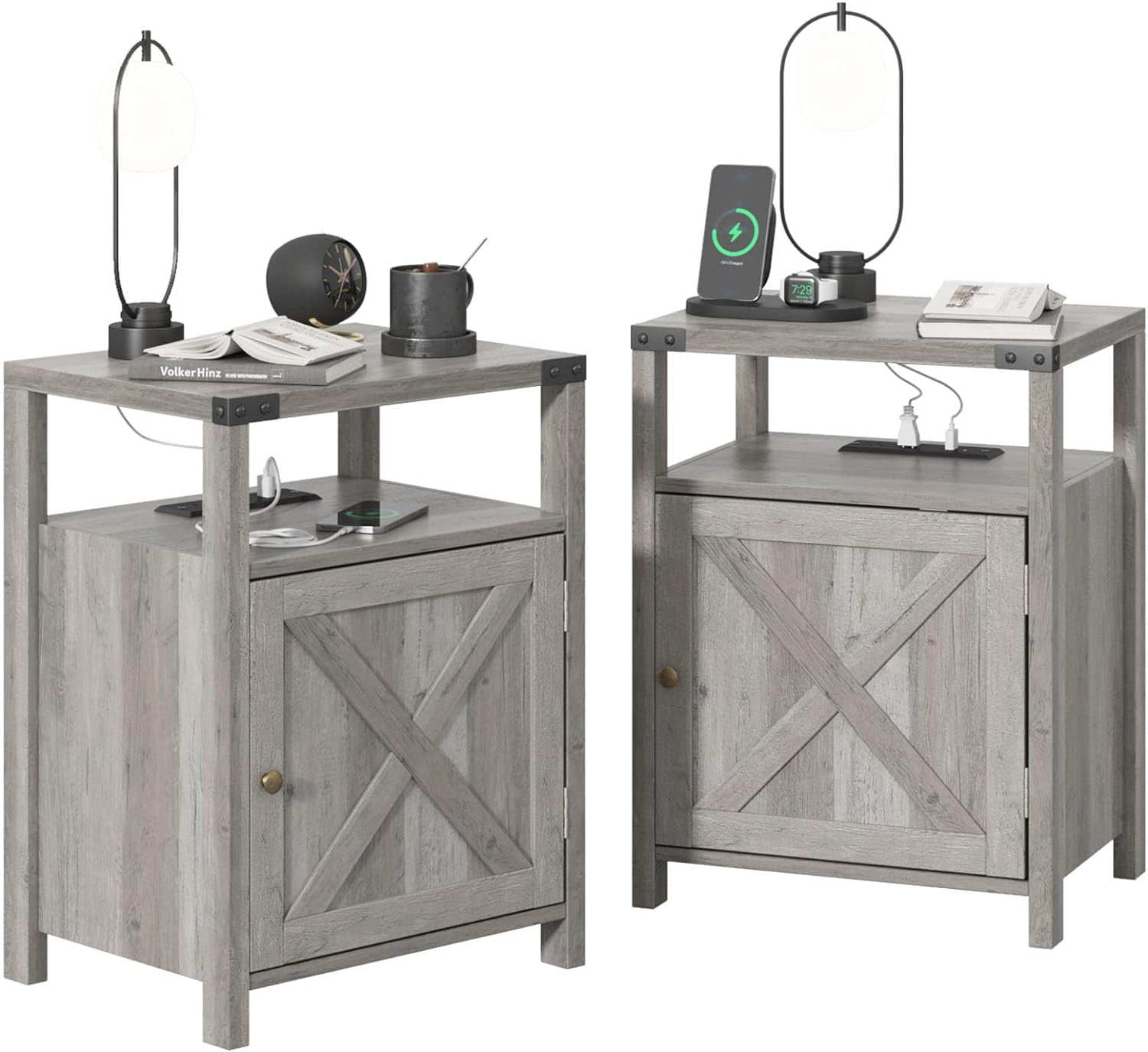 Fameill Nightstands Set of 2, Night Stand with Charging Station, Bed ...