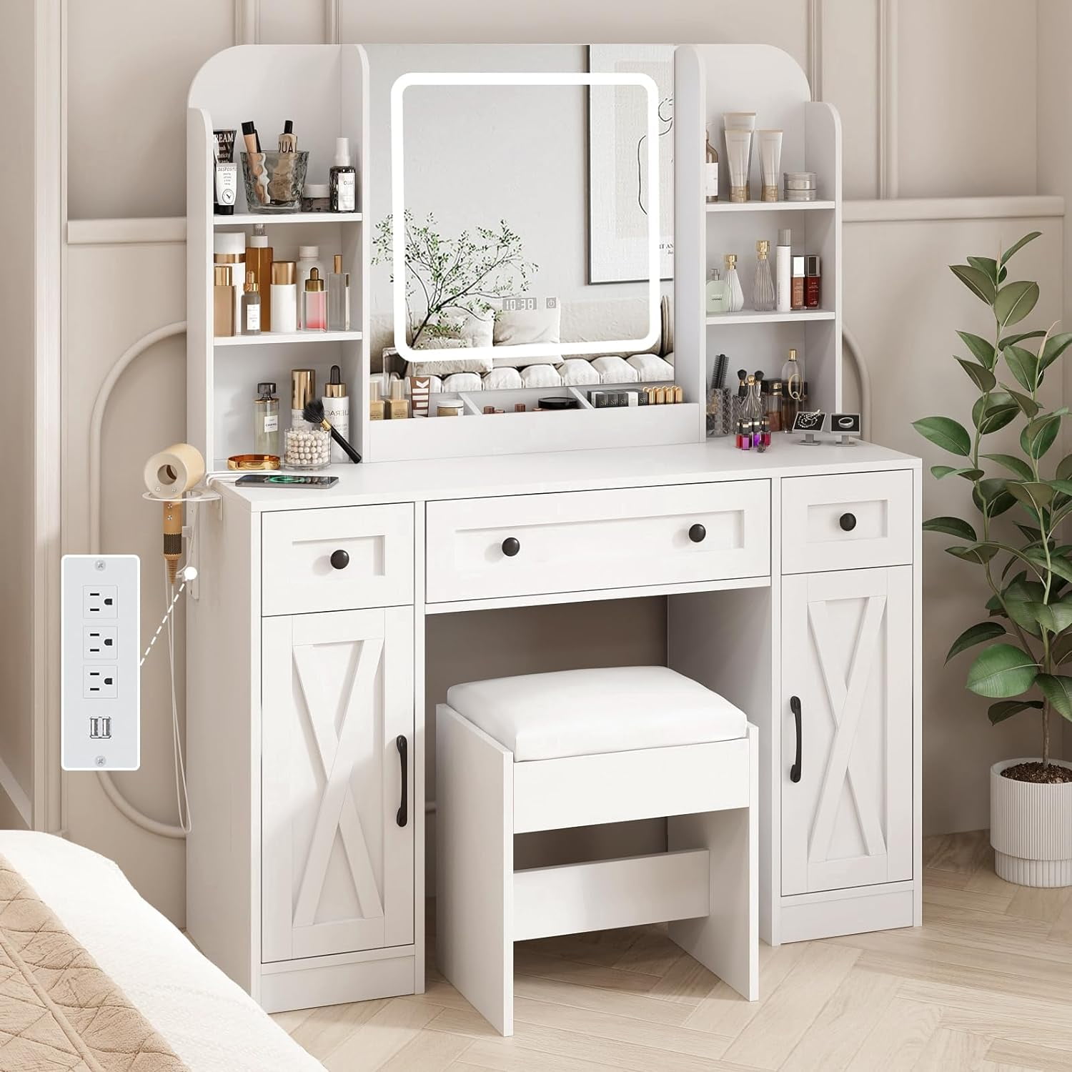 Fameill Vanity Mirror with Lights, Makeup Vanity Desk and Chair, White Makeup Table with Large ...