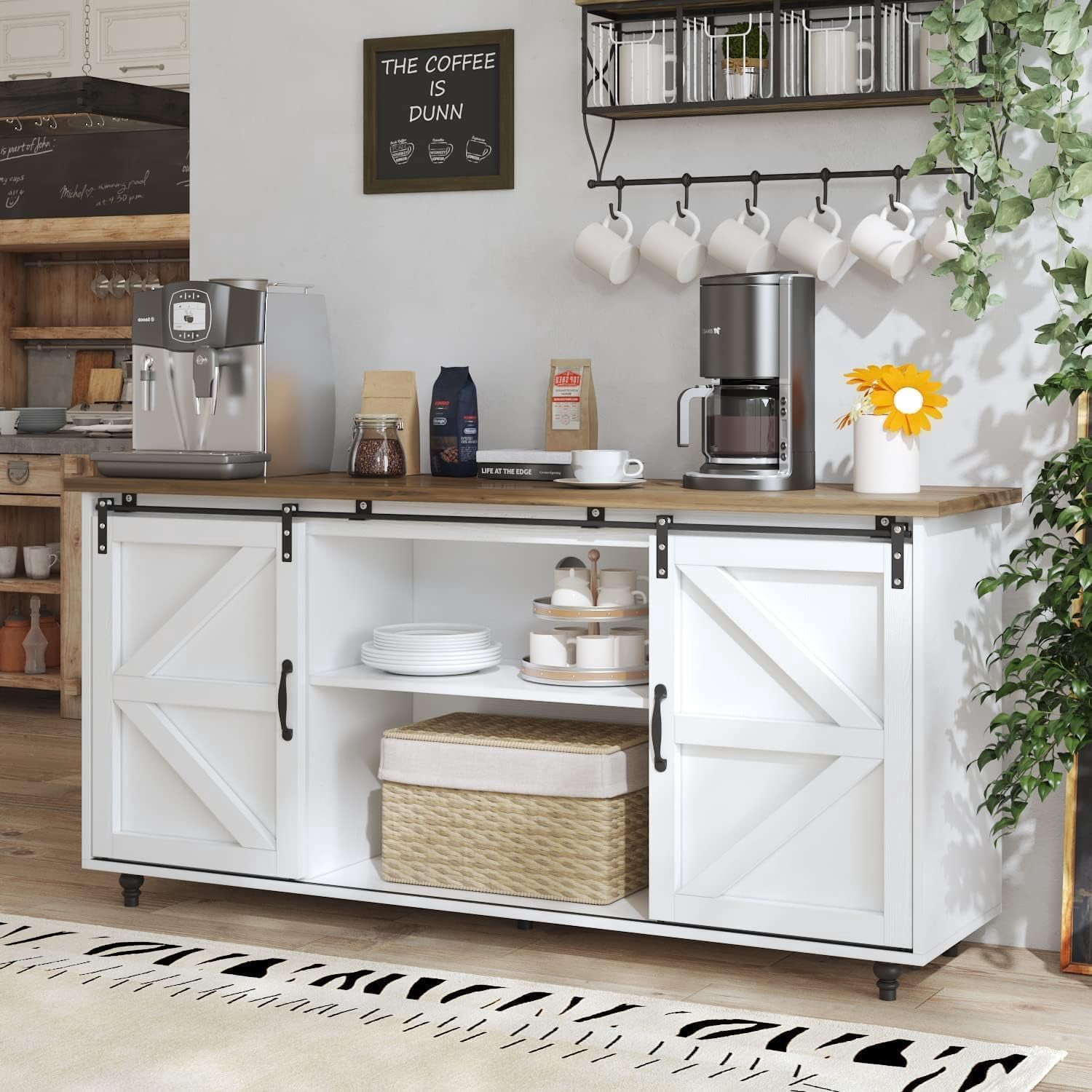 Famhouse Coffee Bar Cabinet, 58”Kitchen Coffee Bar Cabinet with Storage ...