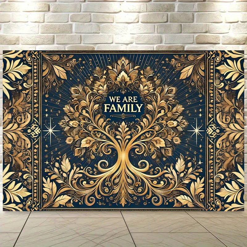 We Are Family Backdrop Golden Navy Blue Ornate Family Tree Reunion ...