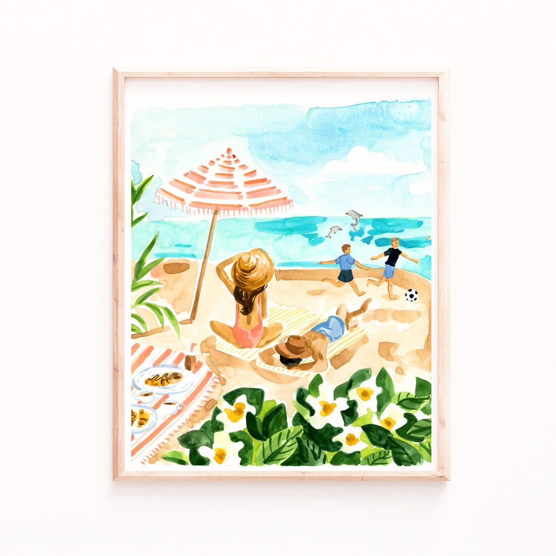 Family Beach Day Print, Picnic and Soccer (Teal Water, Sunny Skies ...