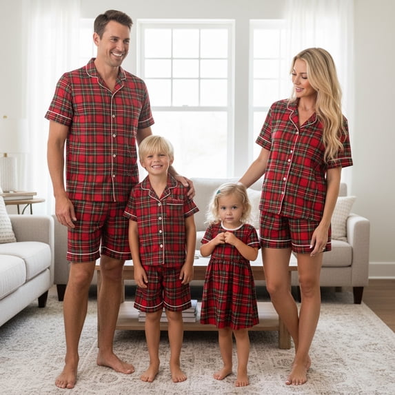 Family Buffalo Plaid Matching Outfits Short Sleeve Plaid Tops Short Set ...