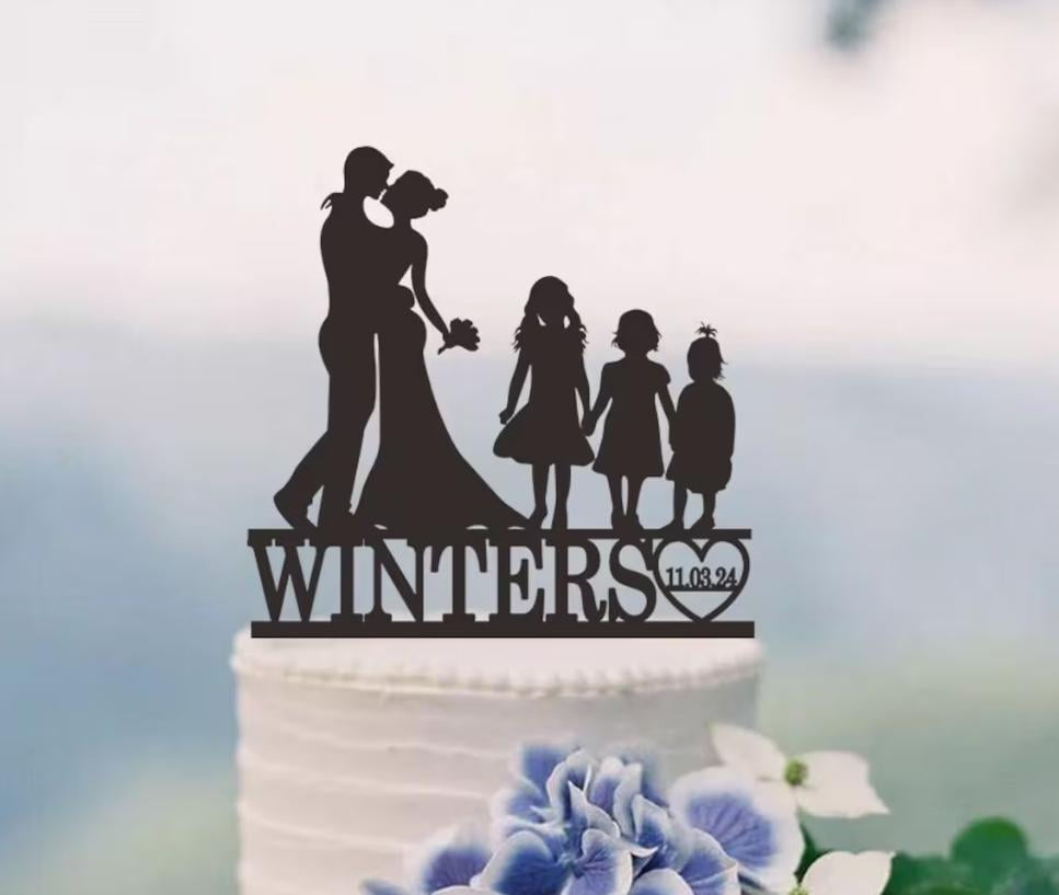 Family Cake Topper,Custom Wedding Topper,Bride and Groom with three ...