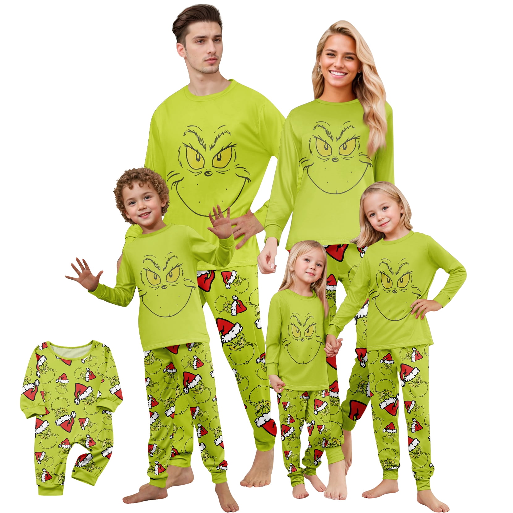 Family Christmas Pajamas Matching Sets Green Cartoon Face Graphic ...