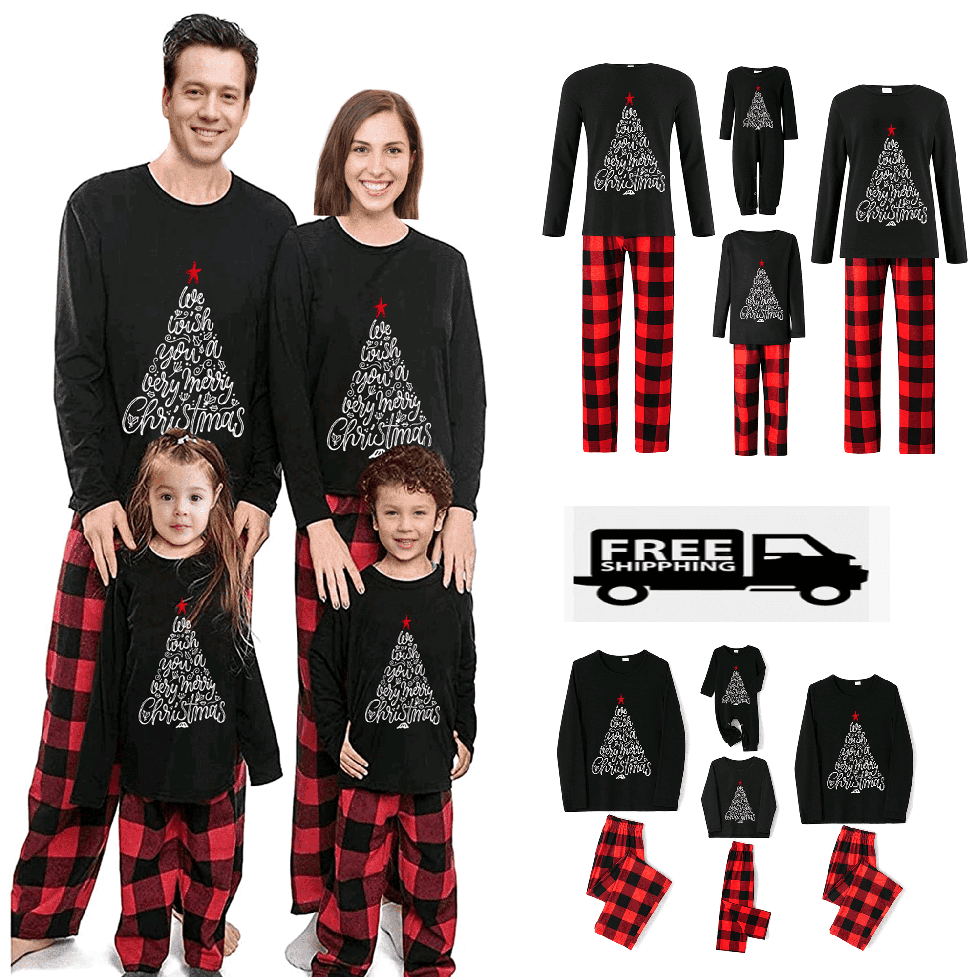 Family Christmas Pajamas Matching Sets Letter Print Long Sleeve Tops ...