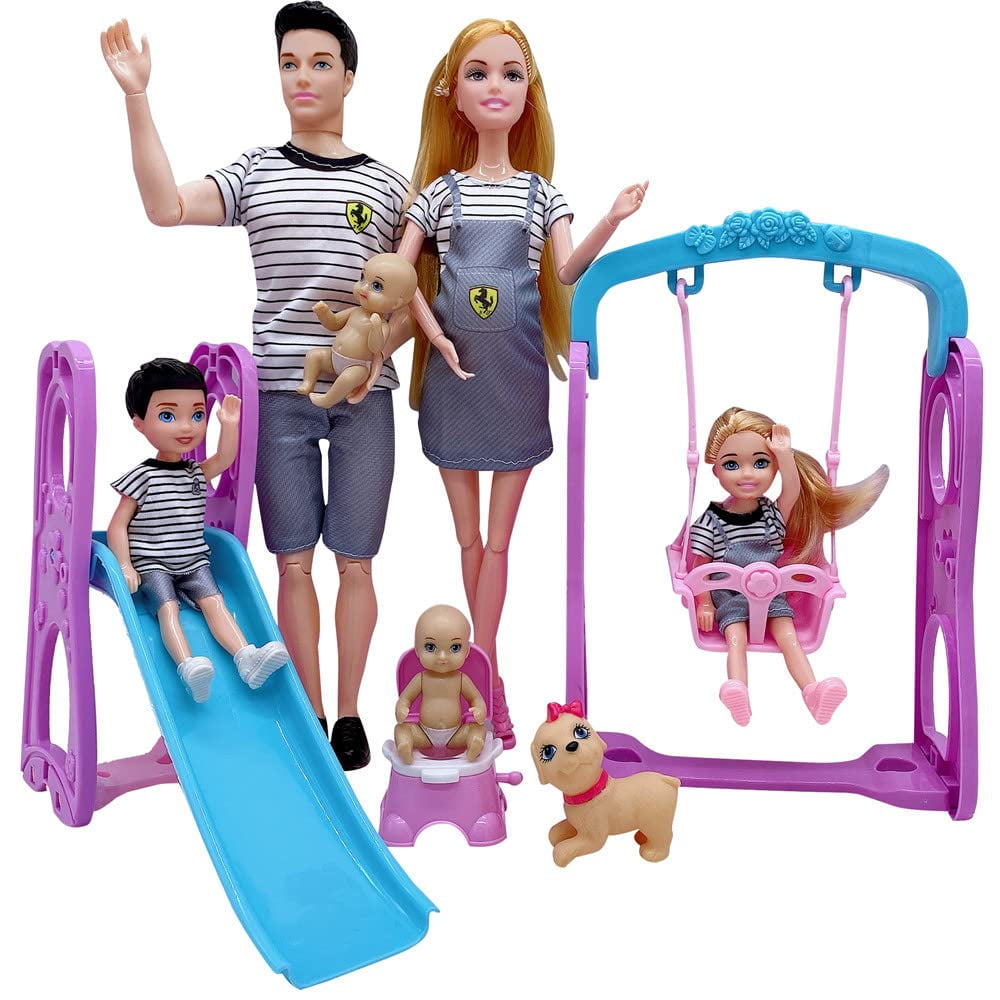 Family Dolls Set of DHF10 6 People with Pregnant Mom Dad 3 Kids and ...