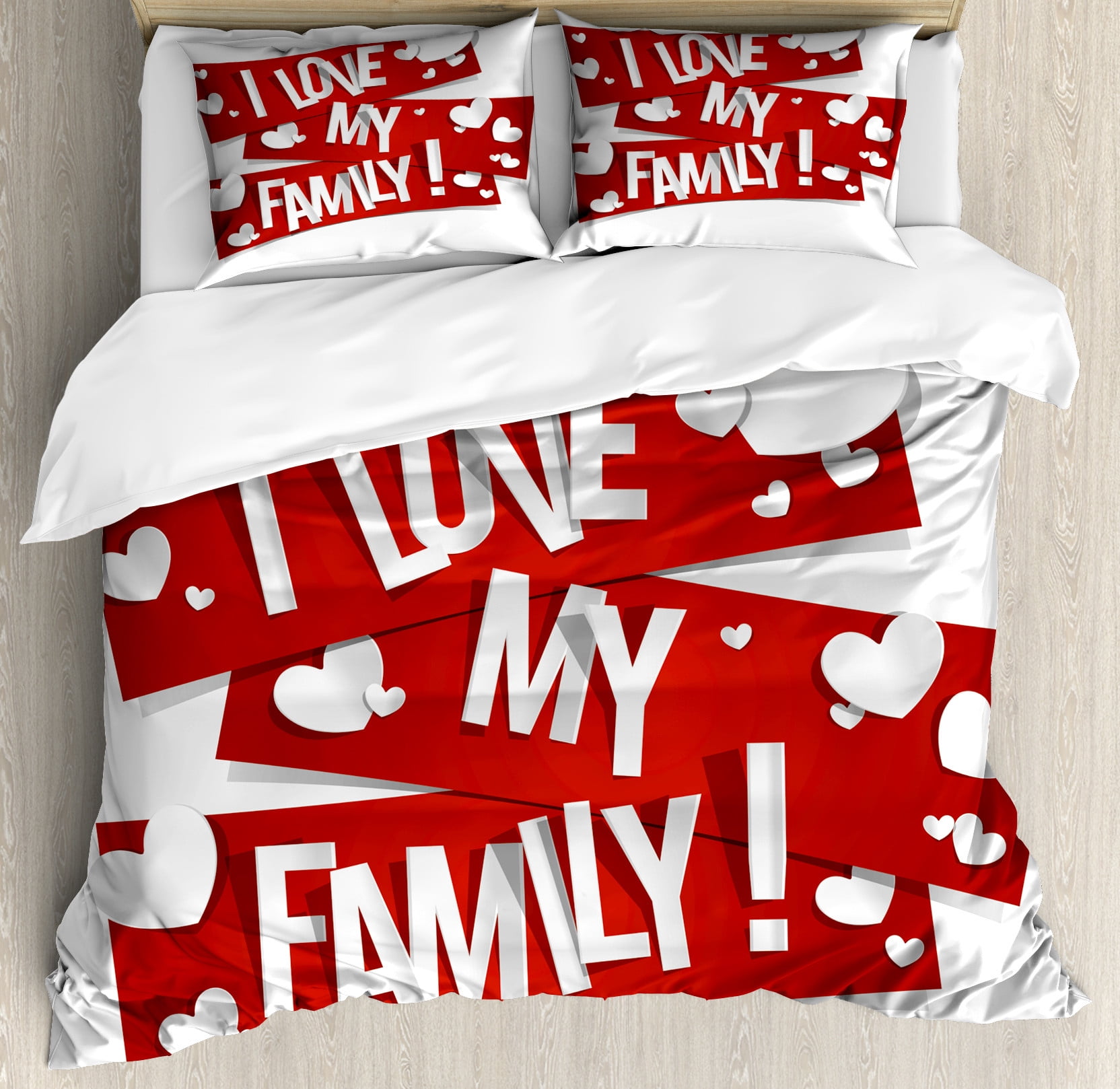 Family Duvet Cover Set, Red Banners with Family Love Message and White ...