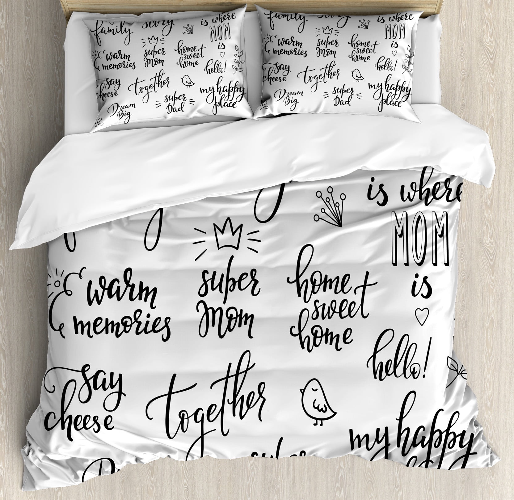 Family Duvet Cover Set, Various Calligraphy Family Lettering Set Birds ...