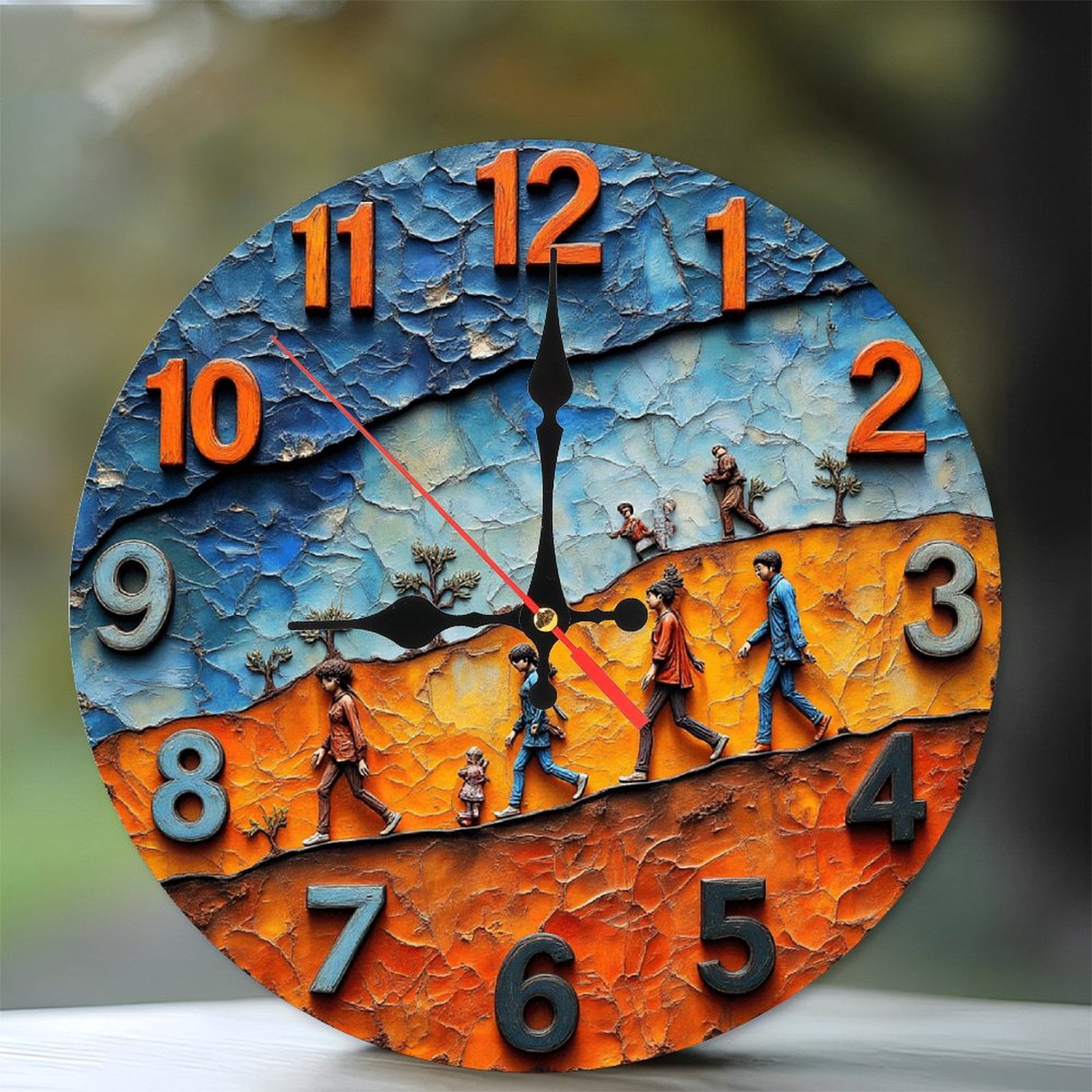 Family Figures Walking Wall Clock Orange Blue 10-Inch Silent Wooden ...