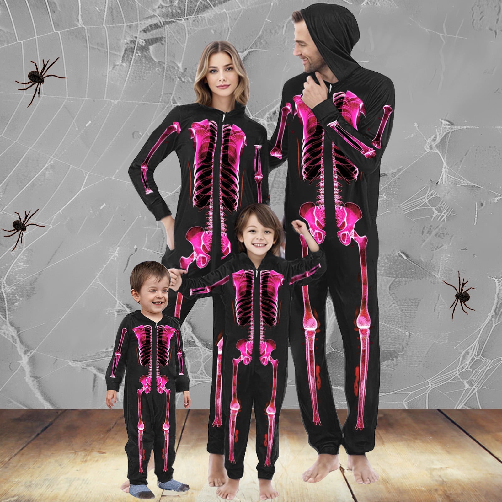 Family Halloween Skeleton Pajamas Funny Zipper Hooded Jumpsuit Matching ...
